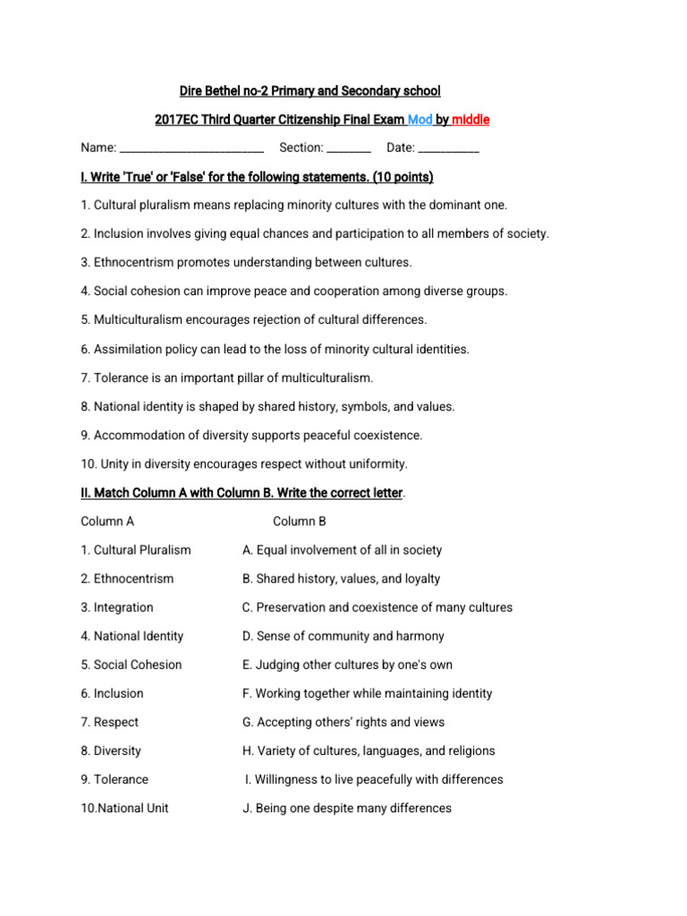 Grade 9 Citizenship Exam Review | PDF