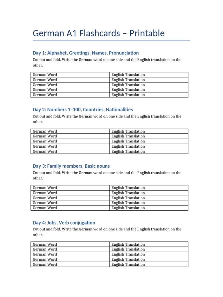 German A1 Printable Flashcards | PDF | English Language | German Language