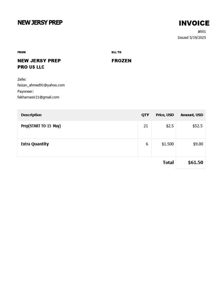 New Jersey Prep Invoice 001 - May 2025 | PDF