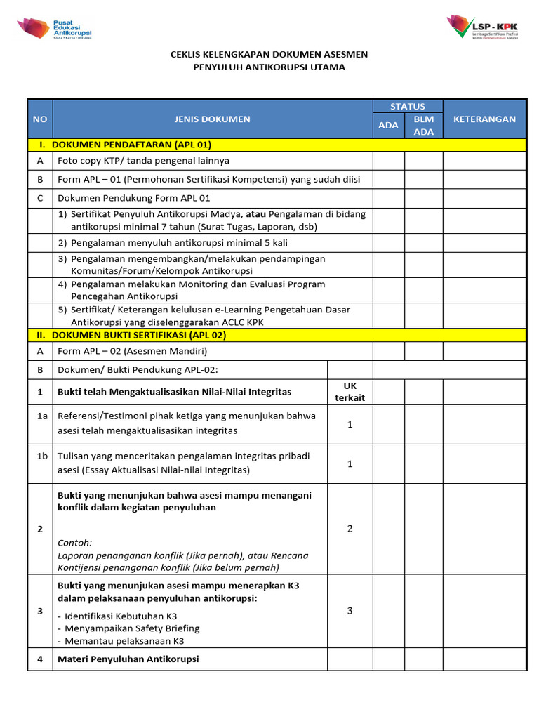 Ceklis Kelengkapan Dokumen Asesmen PAK Utama 0103 | PDF