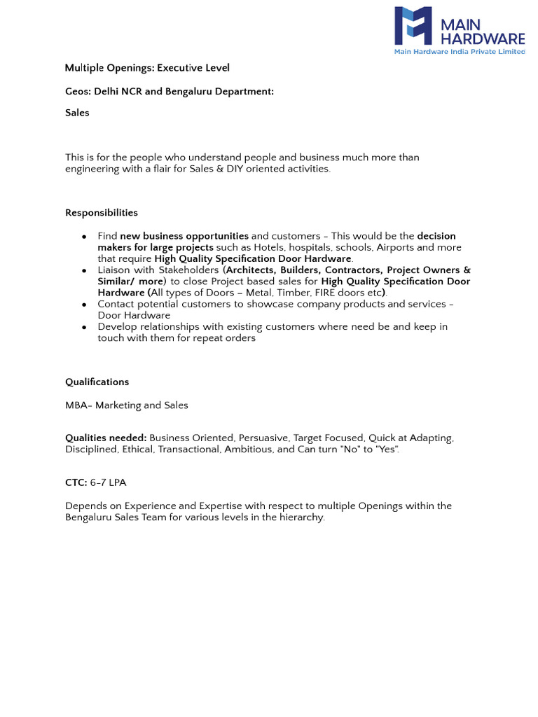Sales JD - GGN BLR - Main Hardware India - Jan'25 | PDF | Business