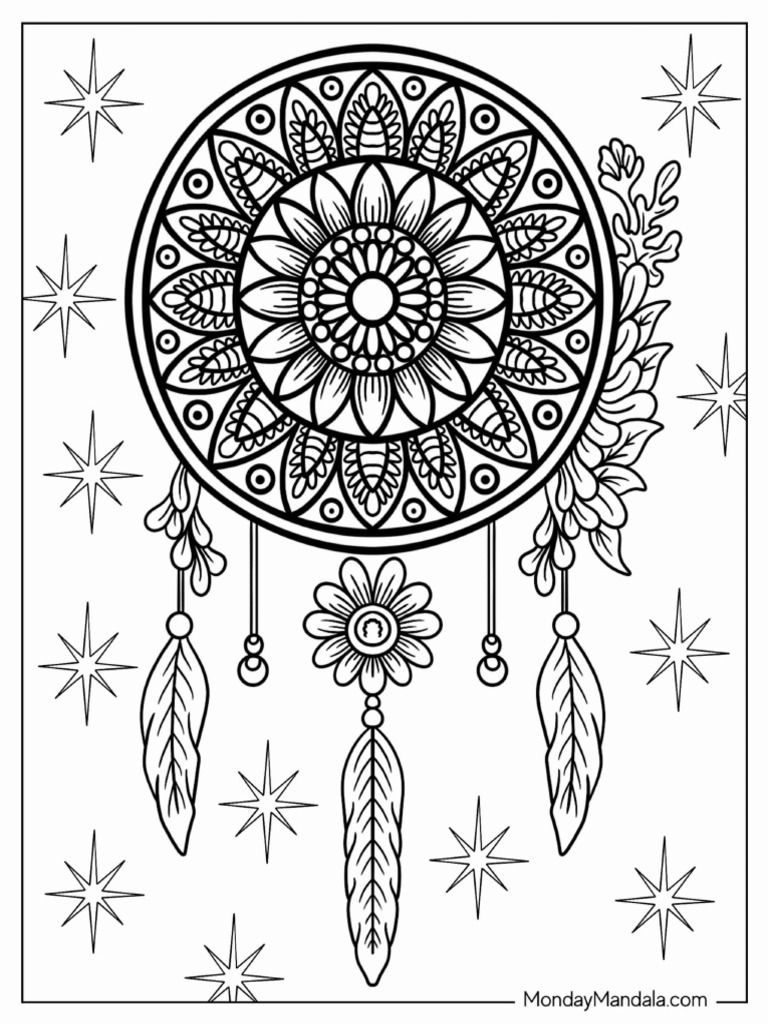 Detailed Dreamcatcher With Leaves and Flowers Coloring Page | PDF