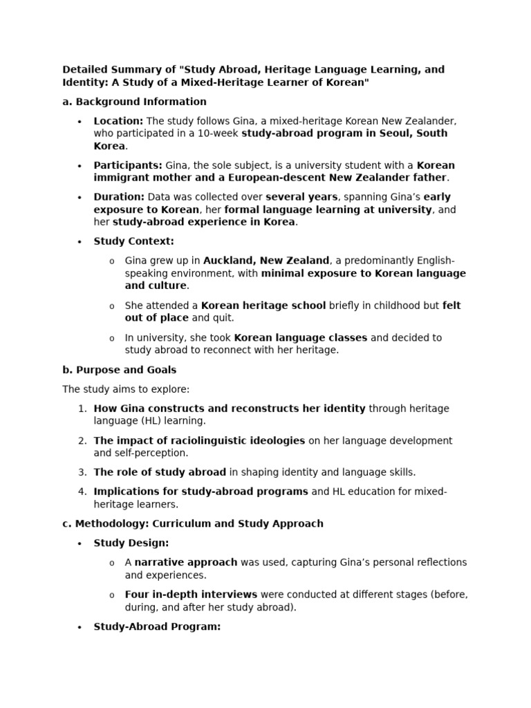 Detailed Summary of Study Abroad, Heritage Language Learning, and ...