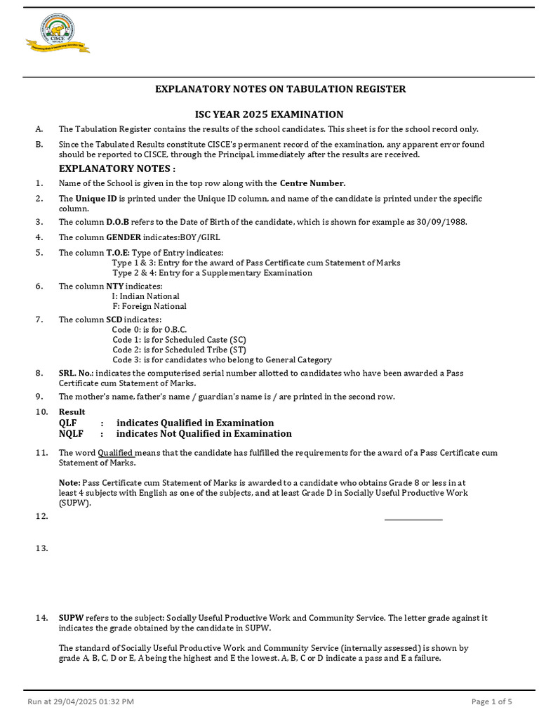 ISC 2025 Examination Tabulation Register | PDF
