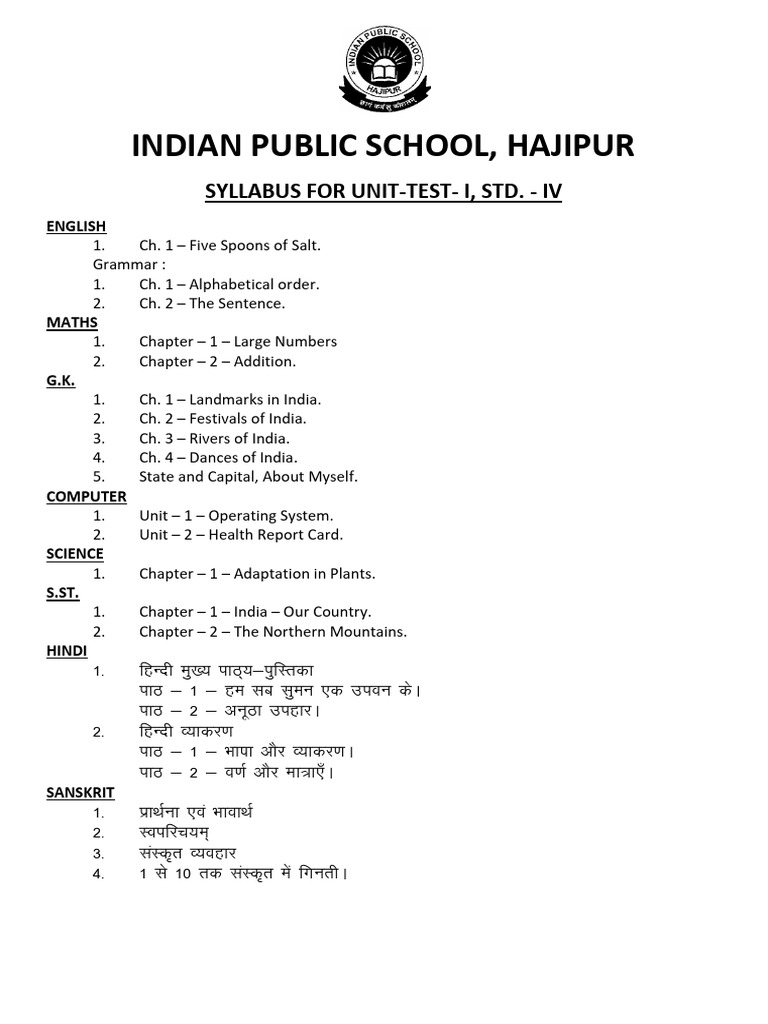 Class IV Syllabus for Unit Test I, May 2025 | PDF