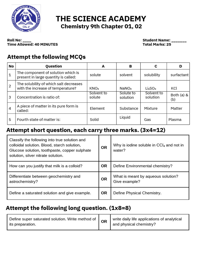 Chemistry 9th Chapter 01, 02 | PDF | Solubility | Chemistry