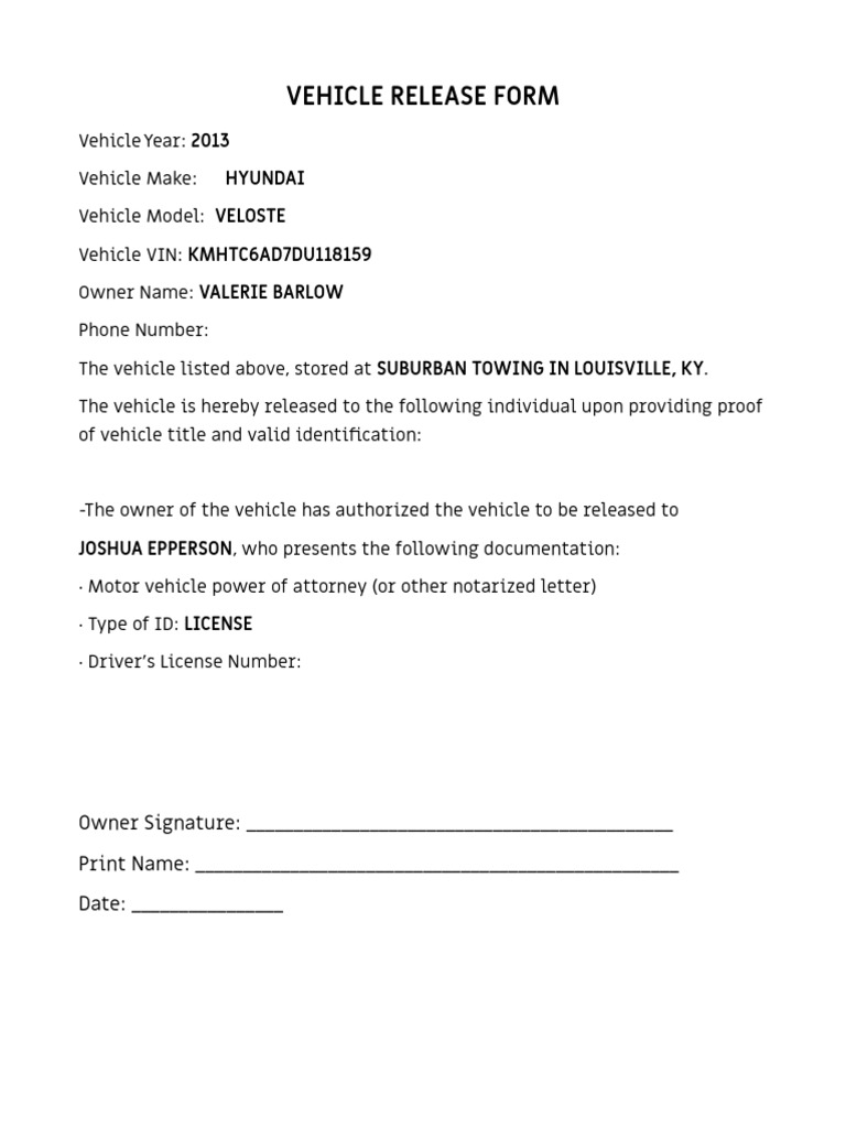 Vehicle Release Form for Hyundai Veloster | PDF