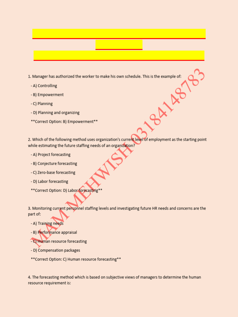 MGT501 MCQs Mids 2024 Mam Mehwish | PDF | Human Resource Management | Employment