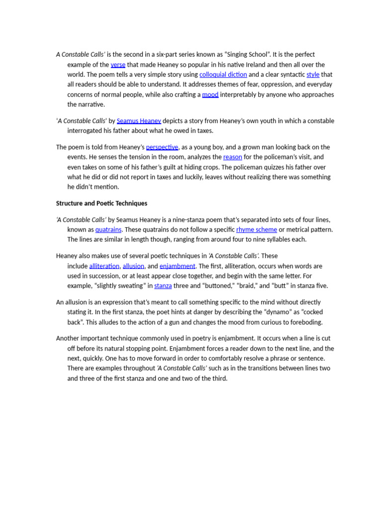 Analysis of Heaney's "A Constable Calls" | PDF | Poetry | Poetics