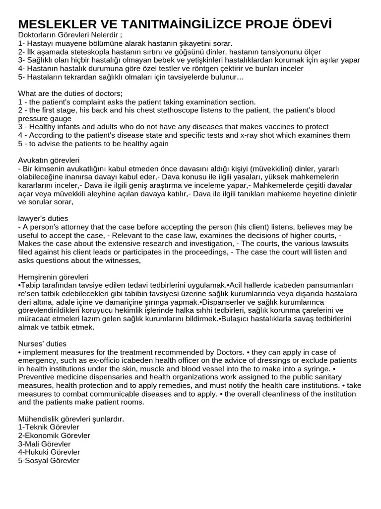 MESLEKLER VE TANITMA İNGİLİZCE PROJE ÖDEVİ | PDF