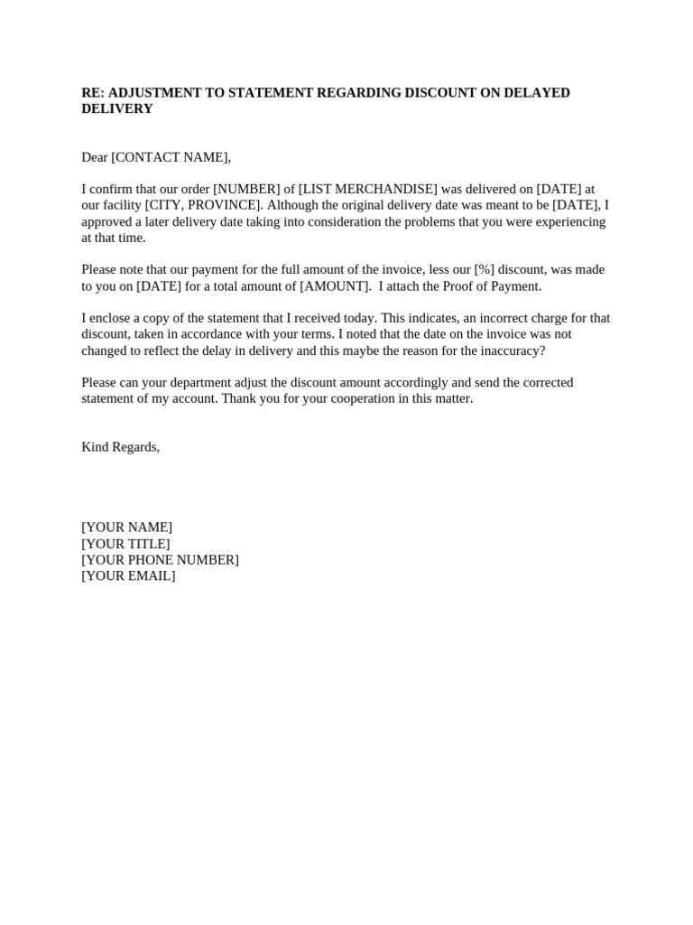 Letter Adjustment To Discount For Delayed Delivery | PDF