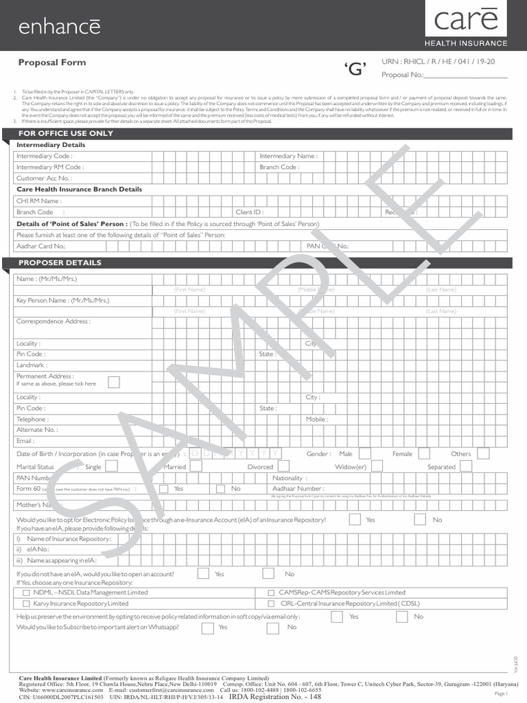 Care Health Insurance Proposal Form | PDF | Insurance ...