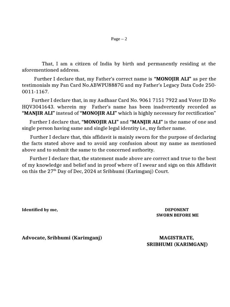 Alim Uddin Name Correction Affidavit - in Land Records - Mudarich Tapadar Notary | PDF