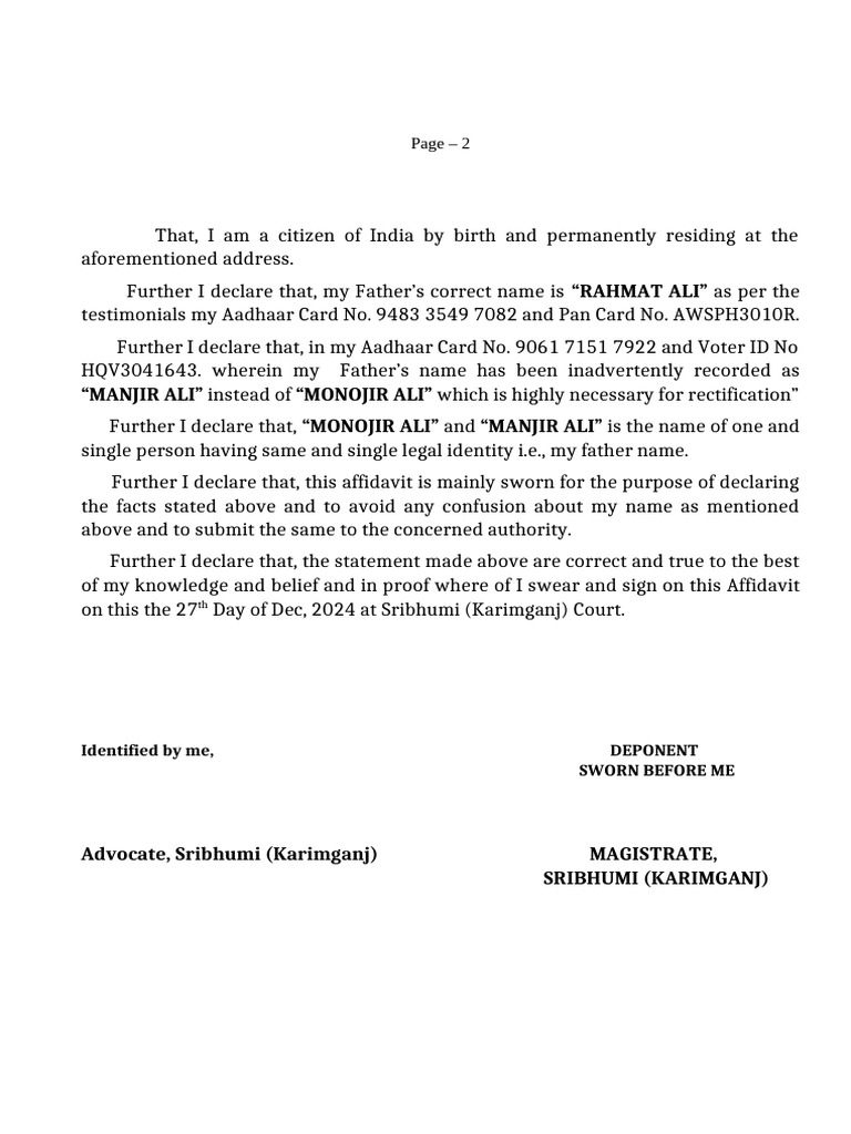 Babul Hussain Correction Affidavit - in Records - Mudarich Tapadar Notary | PDF