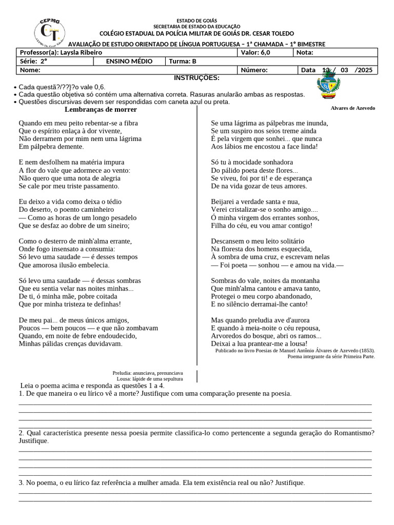 prova EOLP 2 ano | PDF | Romantismo | Poesia