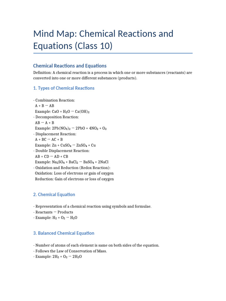 Mind Map Chemical Reactions and Equations | PDF