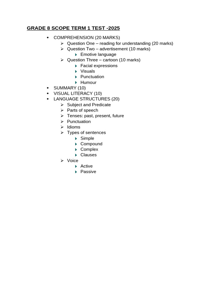 Grade 8 Term 1 Test Overview 2025 | PDF