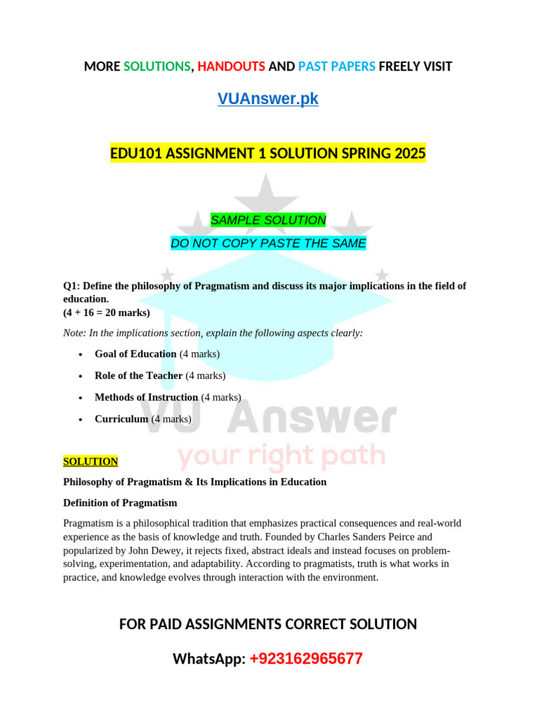 EDU101 Assignment 1 Correct Solution Spring 2025 | PDF | Pragmatism | Learning