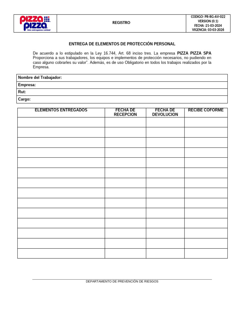 Registro de Entrega Epp | PDF