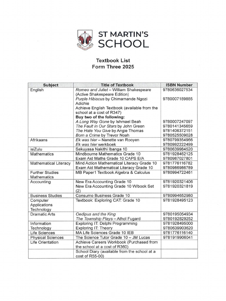 Textbook List Form Three | PDF