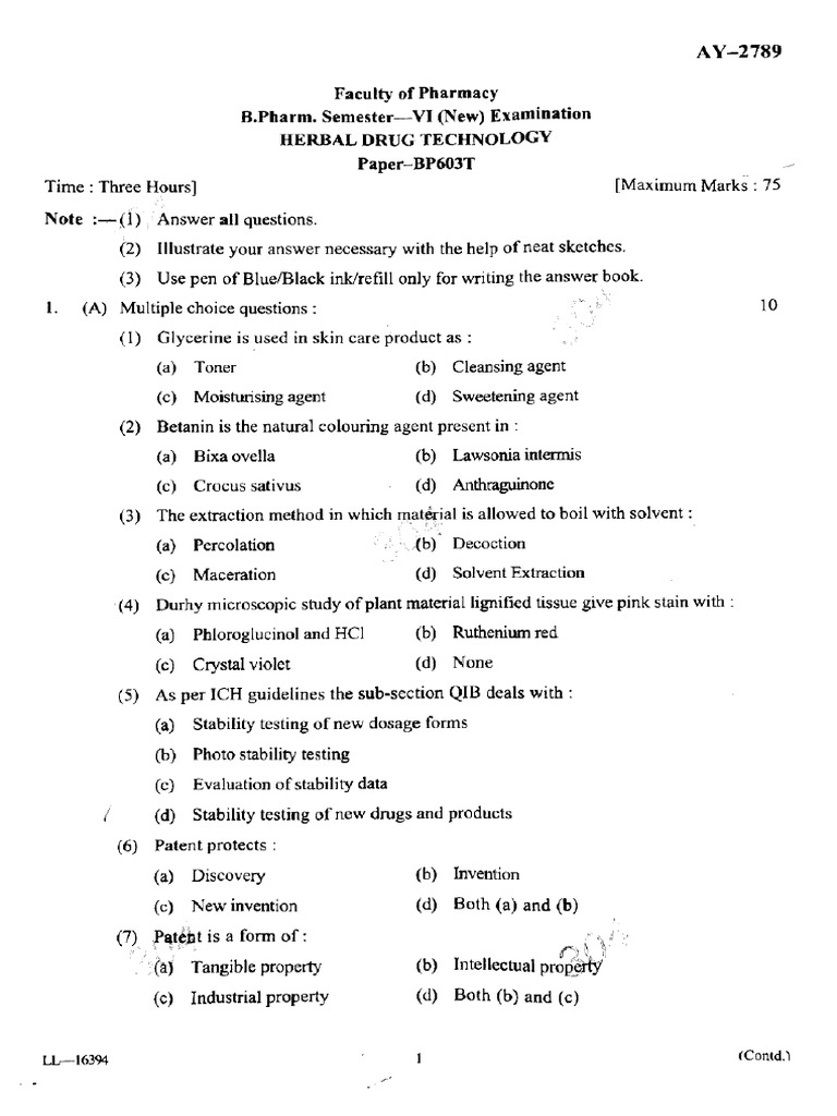 Bpharm 6 Sem Herbal Drug Technology Ay 2789 2022 | PDF
