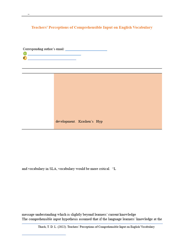 Ref 2 - Thach (2022) Teacher's Perception of Comprehensible Input | PDF | Second Language ...