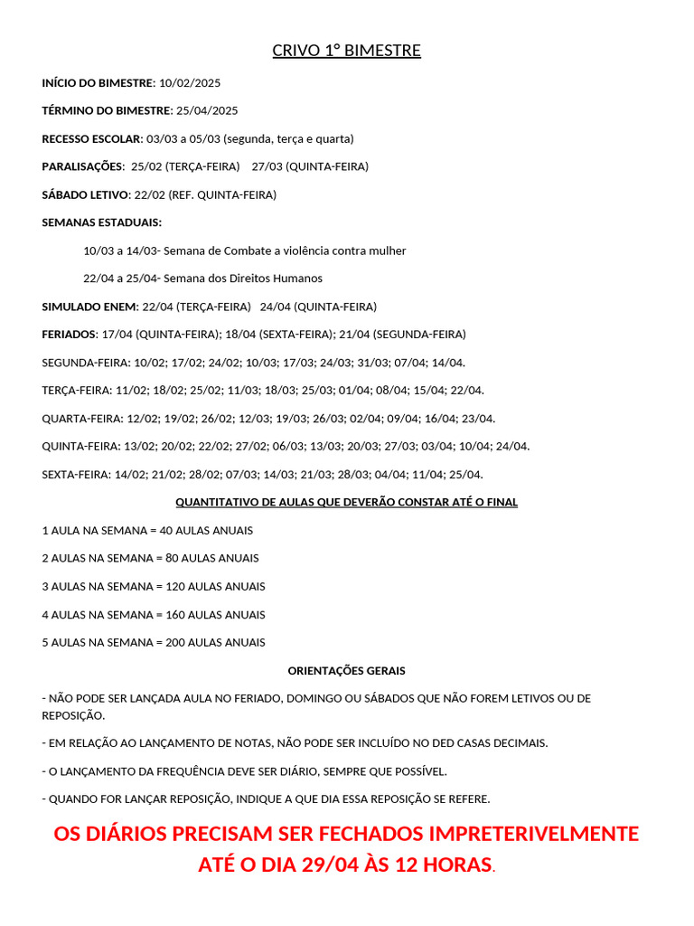 Crivo 1°bimestre 2025 | PDF