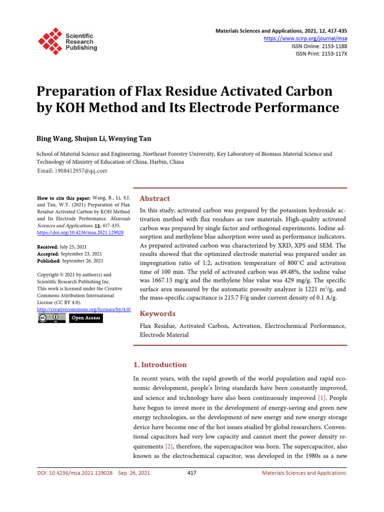 Preparation of Flax Residue Activated Carbon by KOH Method and Its ...