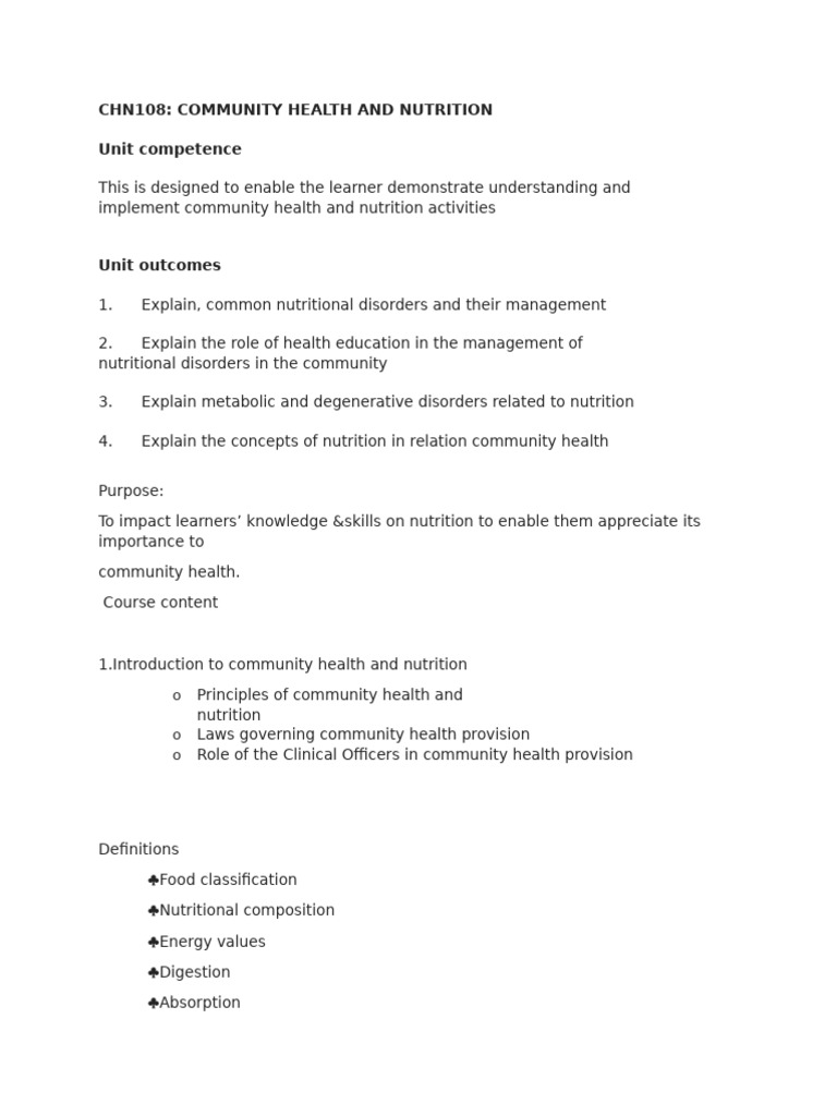 Chn108 - Community Nutrition - Course Outline | PDF