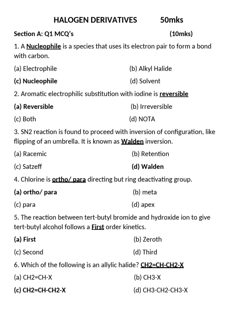 HALOGEN DERIVATIVES 50mks | PDF | Chemical Reactions | Chemical Compounds