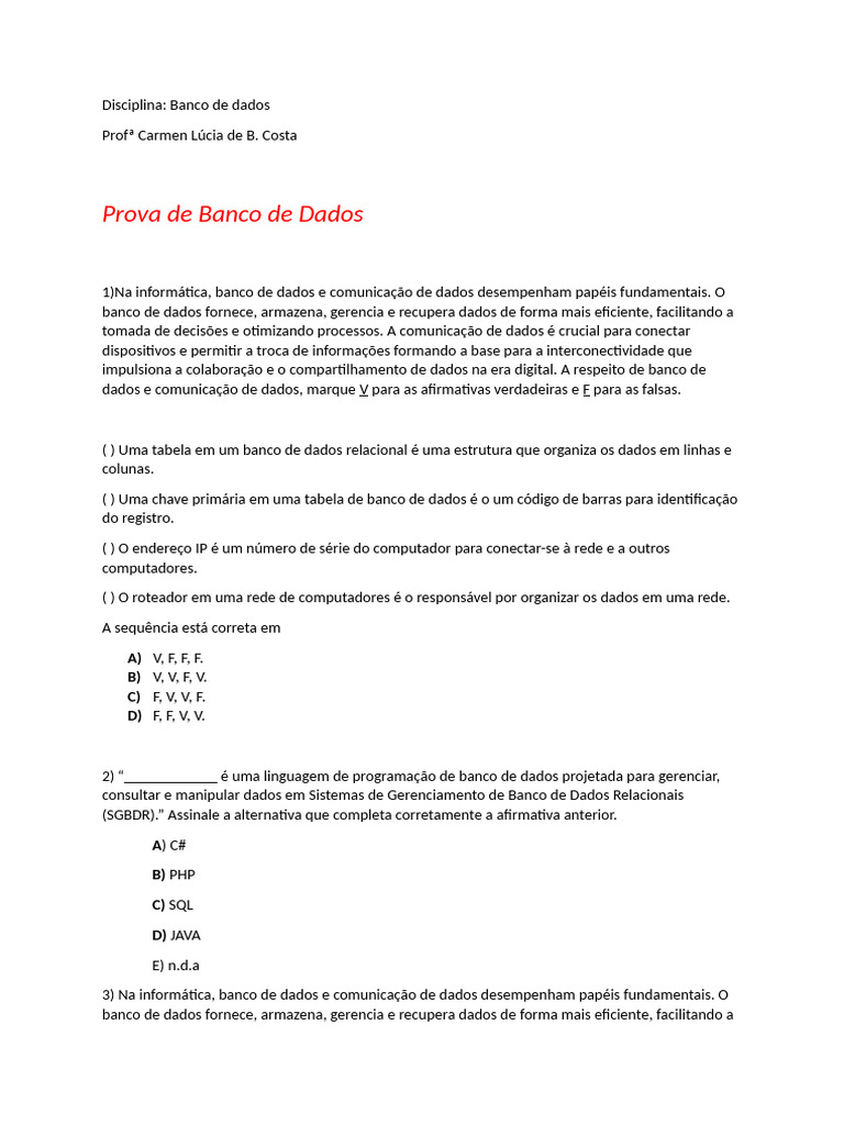 Prova Banco Dados 2sem 2024 1 | PDF | Bancos de dados | Rede de computadores