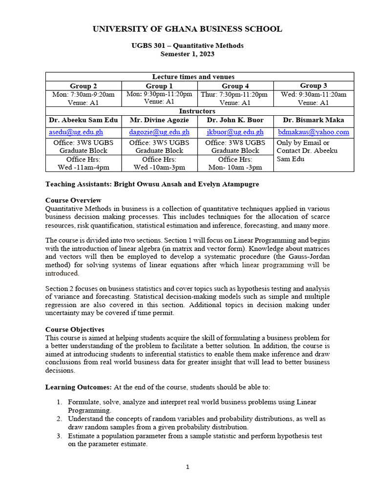 UGBS 301: Quantitative Methods Course Guide | PDF | Statistics | Linear ...