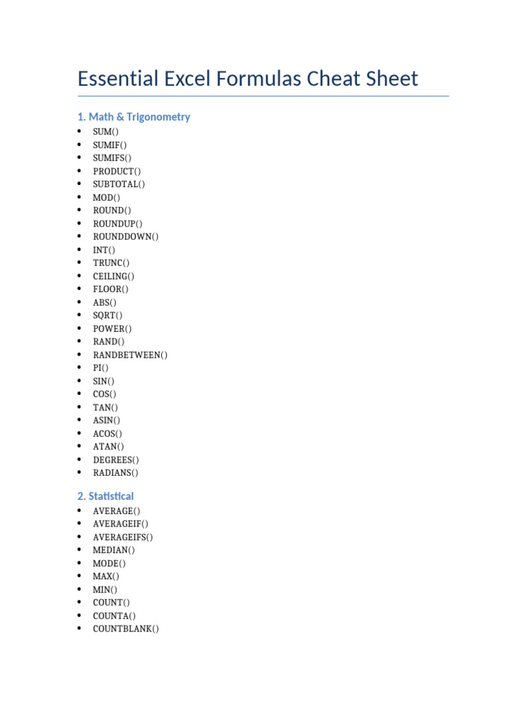 Excel Formulas Cheat Sheet PDF | PDF