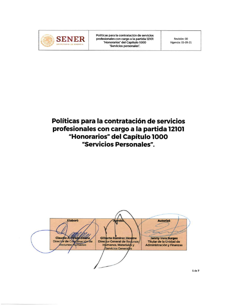 Politicas Contrataci N de Honorarios SENER - PFD | PDF