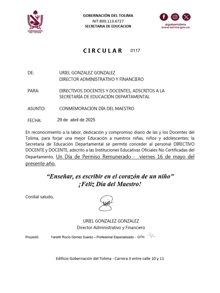4.29 Circular 117 - Conmemoracion Día Del Maestro | PDF