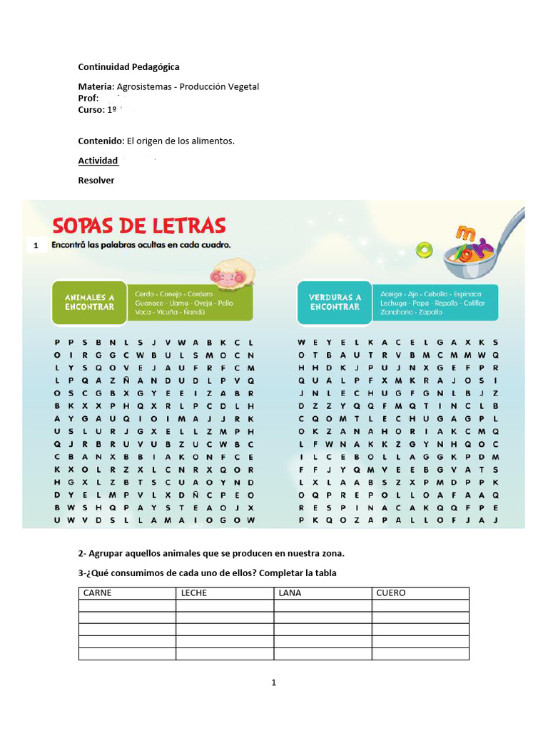 Año 1º1ra - Sopa de Letras - Origen de Los Alimentos (Animal - Vegetal ...