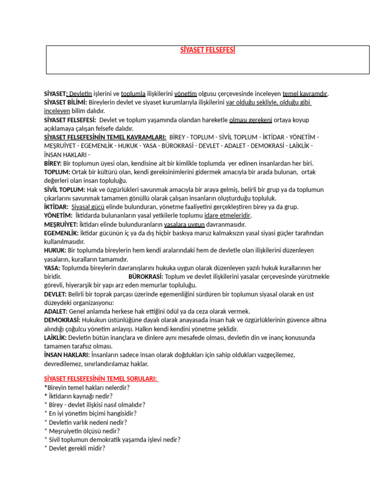 10.sinif Felsefe Siyaset Felsefesi Ders Notlari | PDF