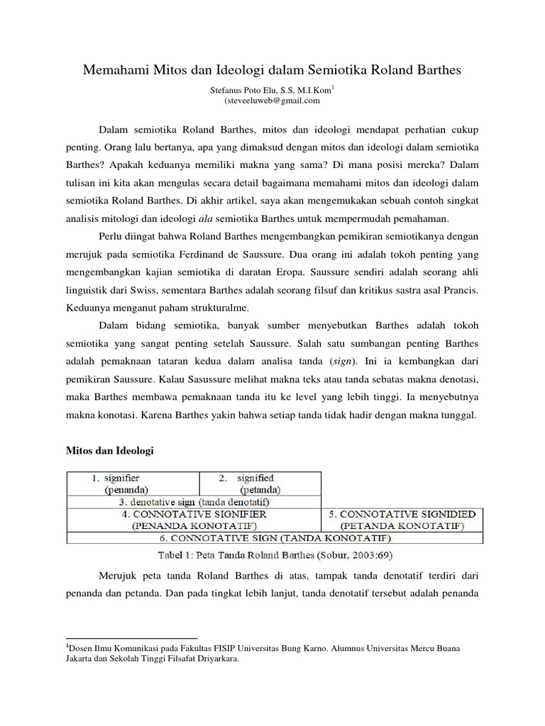 Mitos dan Ideologi dalam Semiotika Barthes | PDF