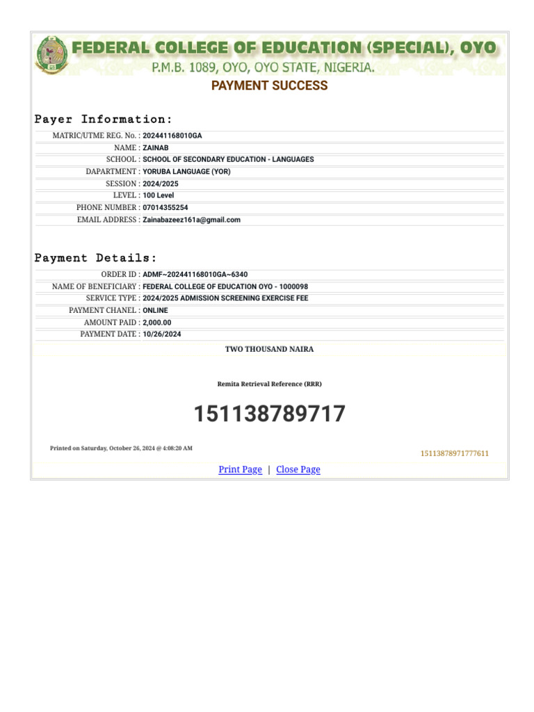 Remita Retrieval Reference (RRR) Payment Receipt - 151138789717 | PDF
