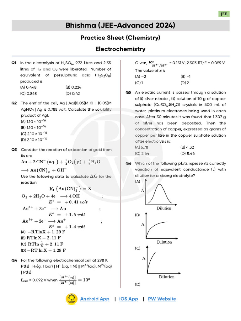 Electrochemistry Practice Sheet | PDF | Redox | Physical Sciences