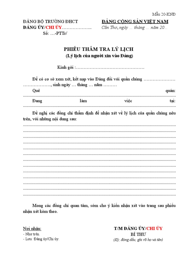 Mau 20-KND - Phieu Tham Tra Ly Lich Cua Nguoi Xin Vao Dang | PDF