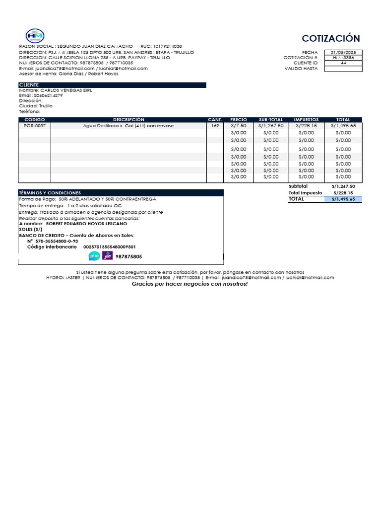 Carlos Venegas - COTIZACION - HM | PDF | Bancario | Servicios financieros