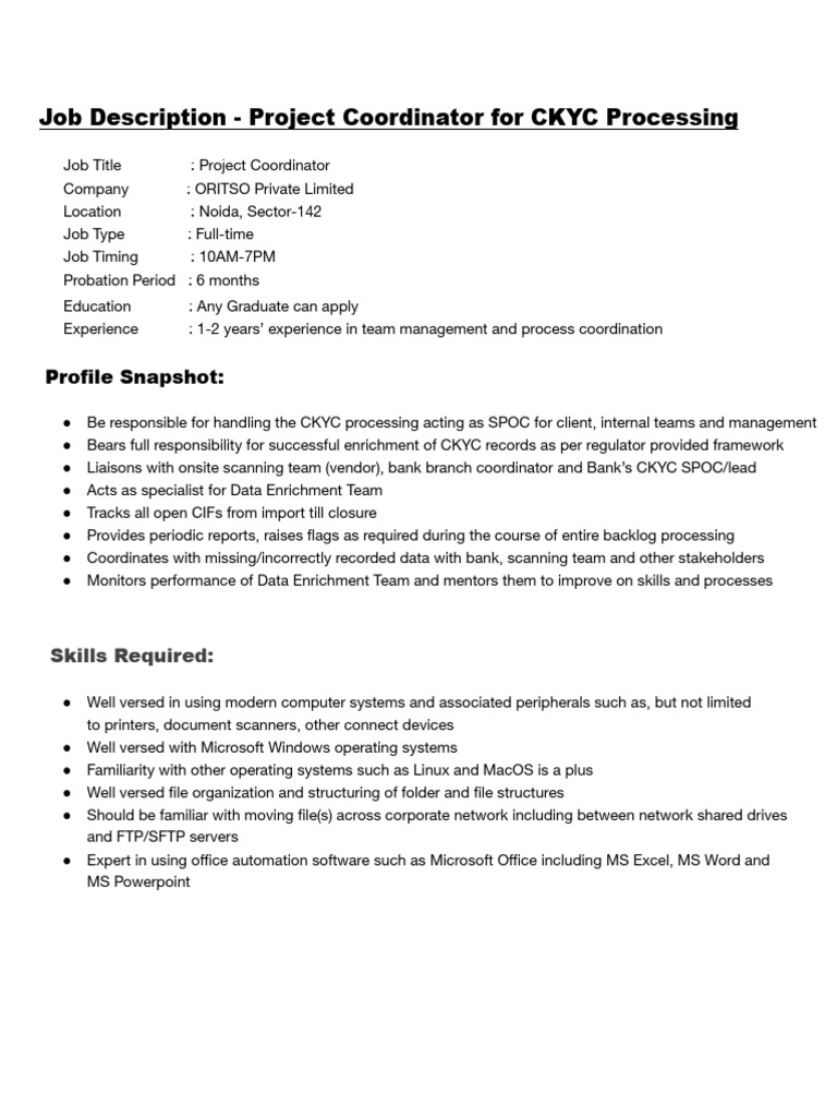 JD - Project Coordinator - ORISTO | PDF | Computing | Software
