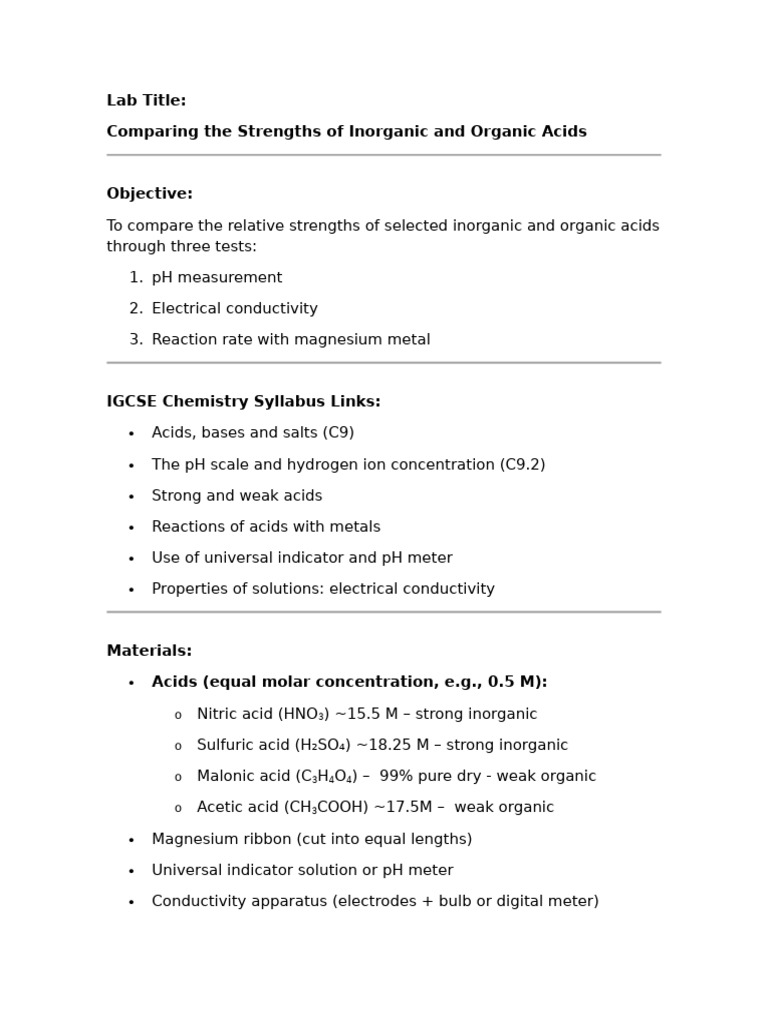 Organic and Inoragnic Acids - Strength Investigation - Lab Practical ...