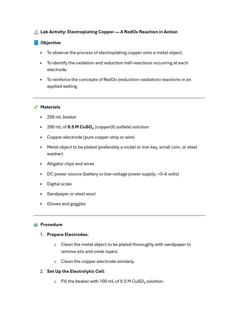 Lab Activity - Electroplating Copper | PDF | Redox | Electrode