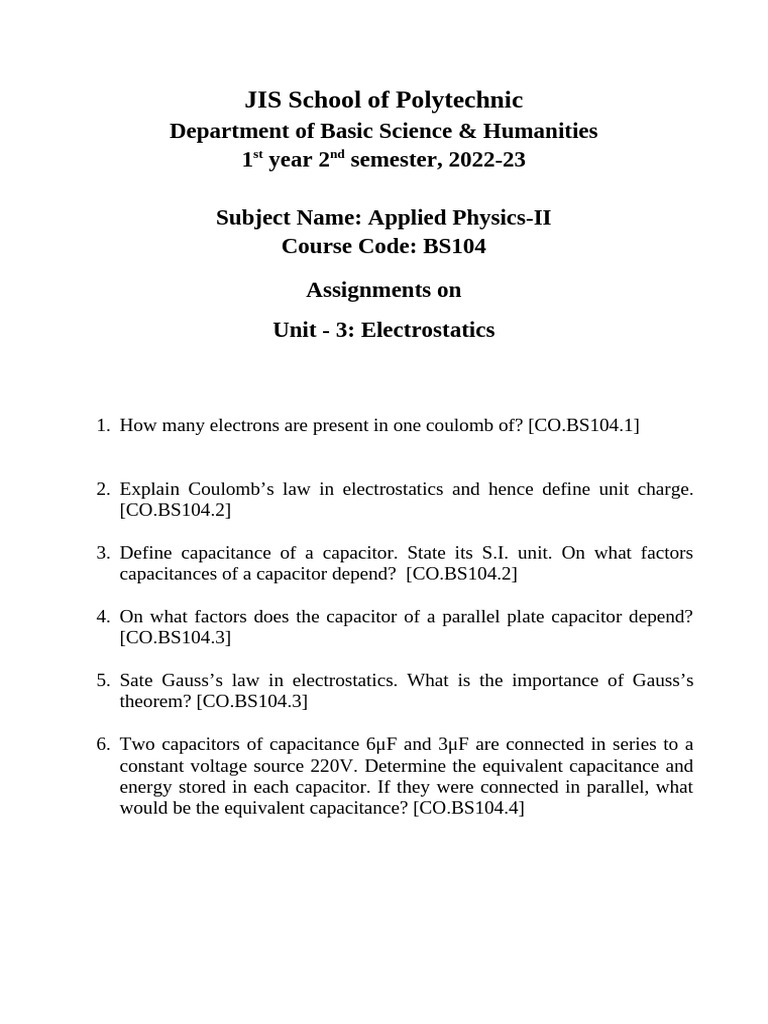 Assignments On Unit - 3 Electrostatics | PDF