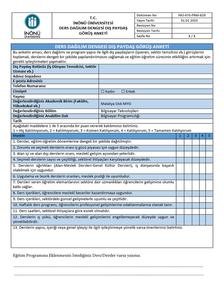 Ders Dağılım Dengesi Dış Paydaş Görüş Anketi | PDF