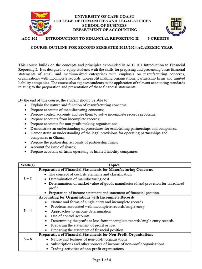 ACC 102 Course Outline 2023 - 2024 Second Semester | PDF | Balance ...