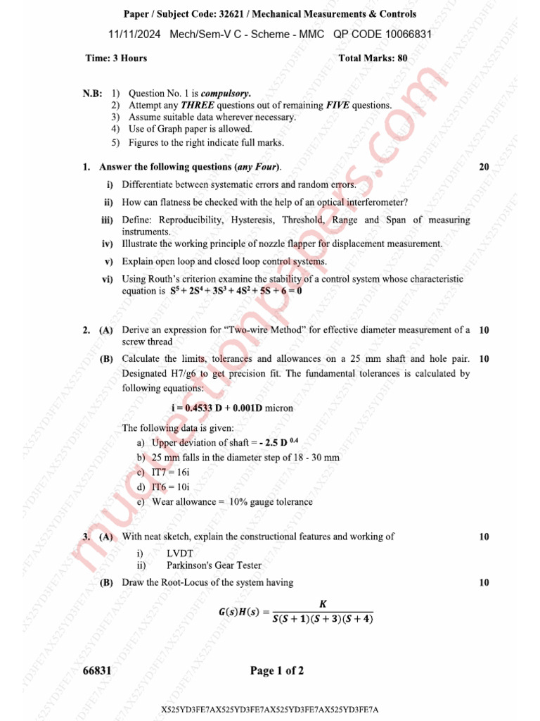Be - Mechanical Engineering - Semester 5 - 2024 - December - Mechanical Measurements and ...