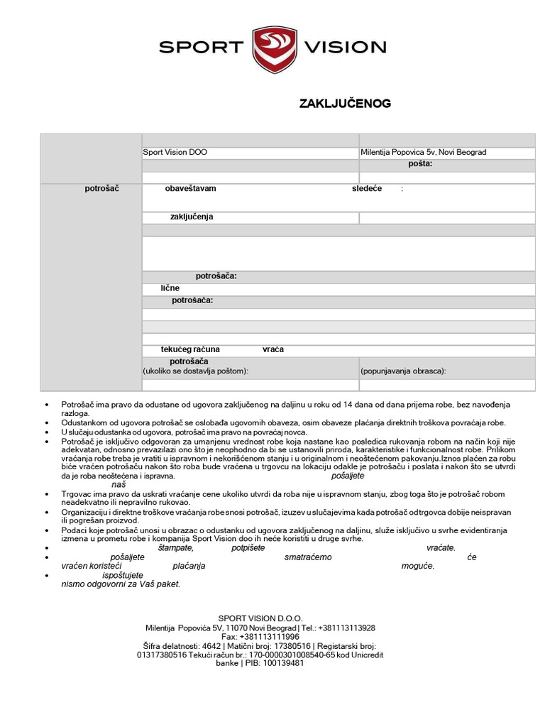 Izjava o Odustanku Od Ugovora Zaključenog Na Daljinu (1) | PDF